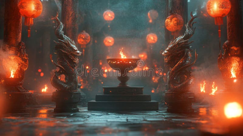 Flaming Altar between Dragon Statues in Temple Setting Stock ...
