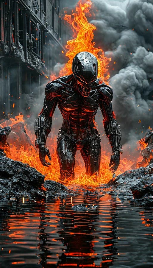 Flaming android predator stock illustration. Illustration of poster ...