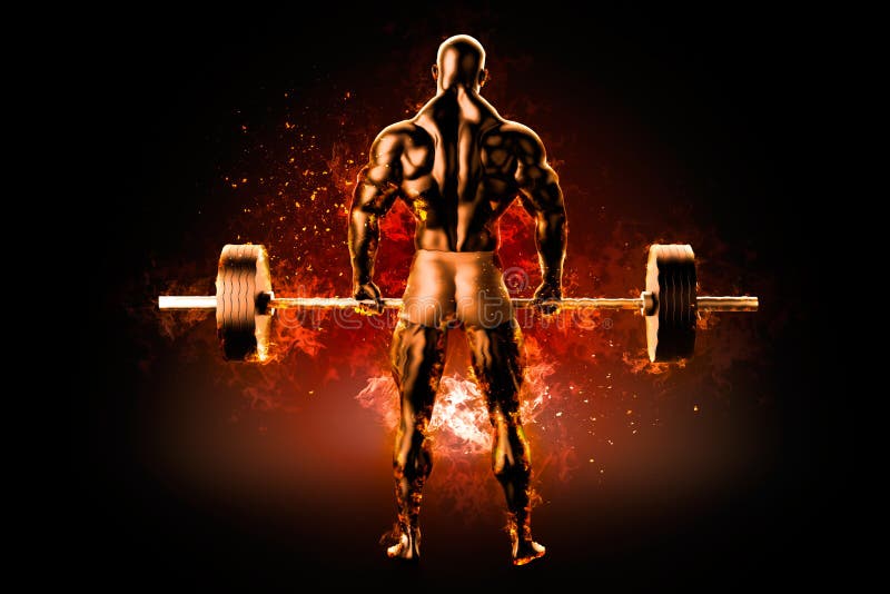 Flaming Athlete with a Barbell. View from the Back Stock Illustration ...
