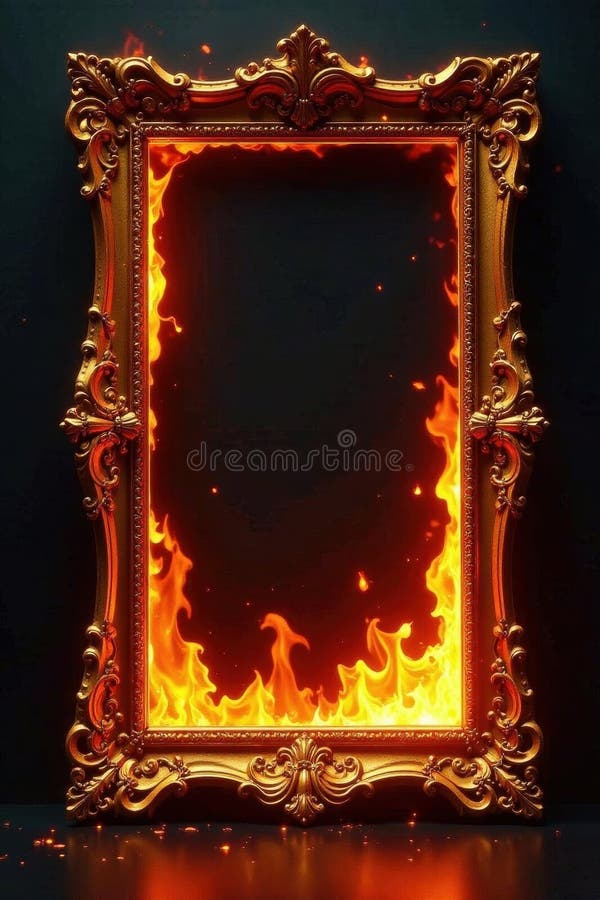 Flaming Baroque Frame, Gilded Details Consumed by Fire, Burning ...