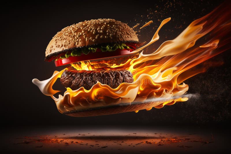 A Flaming Beef Burger in a Bun Flying on a Dark Background. Generative ...