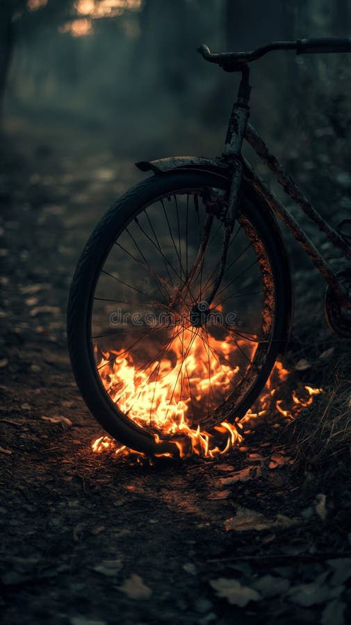 Flaming Bicycle in Dimly Lit Forest Stock Image - Image of forest, fire ...