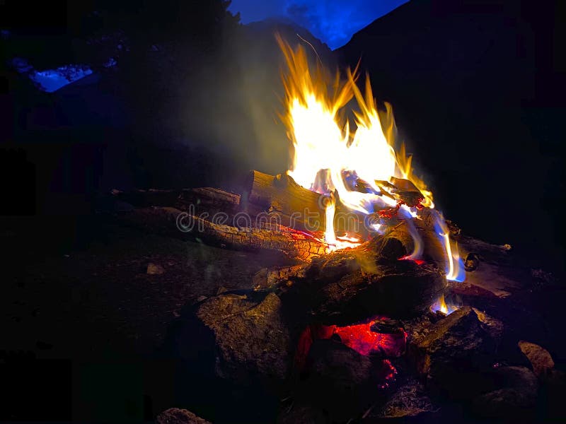Flaming Bonfire with Sparks and Particles in Front of a Forest in the ...