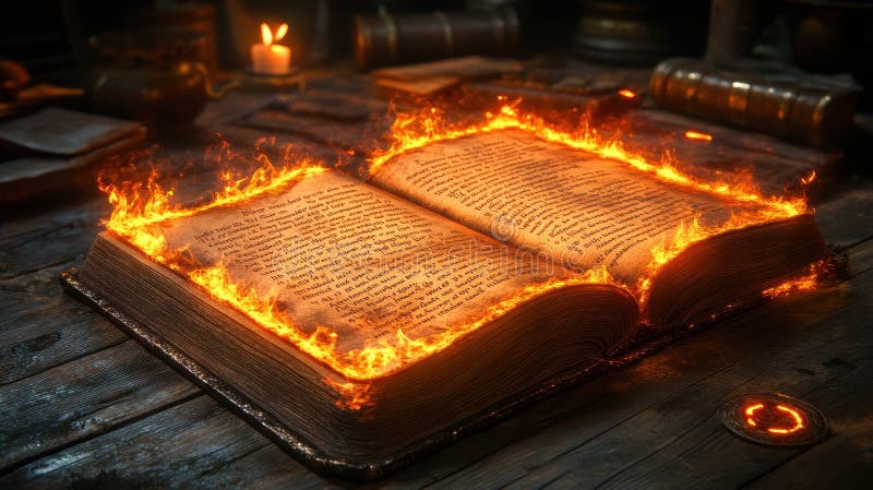 Flaming Book on Wooden Desk with Candles Stock Image - Image of flames ...
