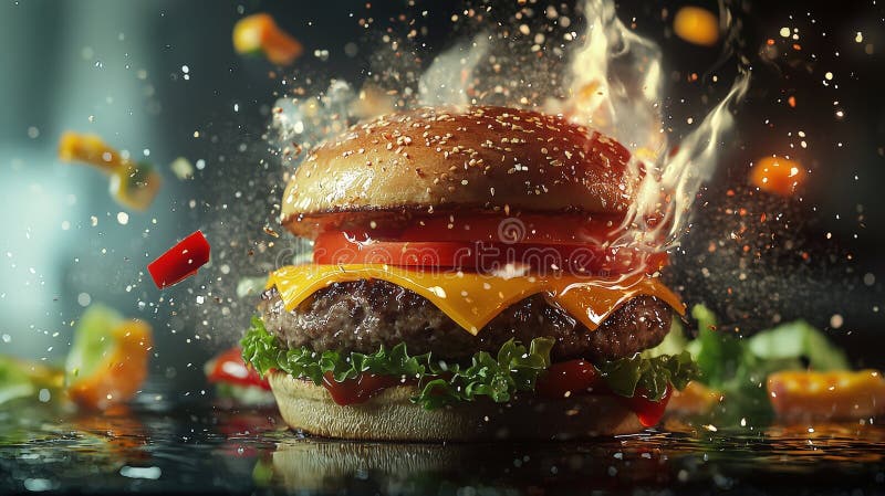 Flaming Burger with Cheese and Vegetables Exploding Midair Stock Photo ...
