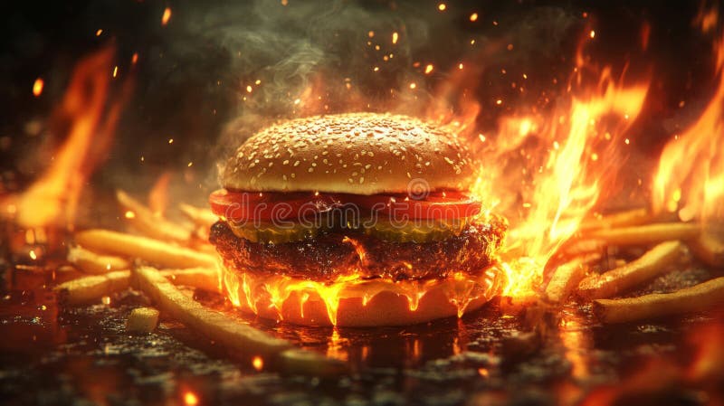 Flaming Burger and Fries with Dramatic Lighting Stock Illustration ...