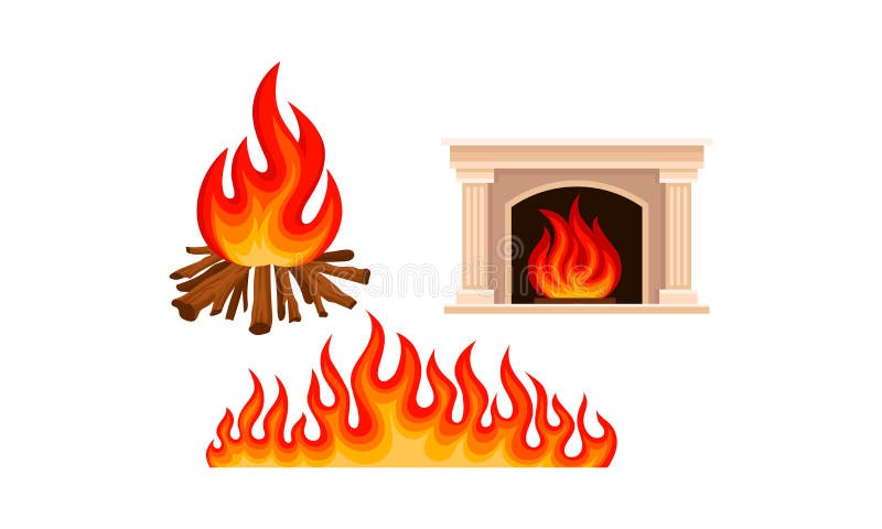 Flaming and Burning Objects with House and Tree on Fire Vector Set ...