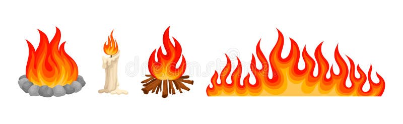 Flaming and Burning Objects with Candle and Bonfire Vector Set Stock ...