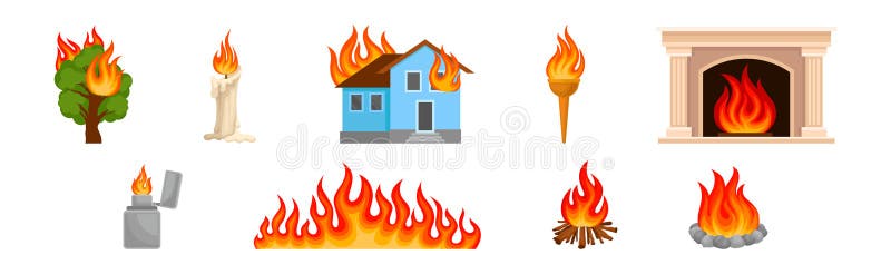 Flaming and Burning Objects with House and Tree on Fire Vector Set ...