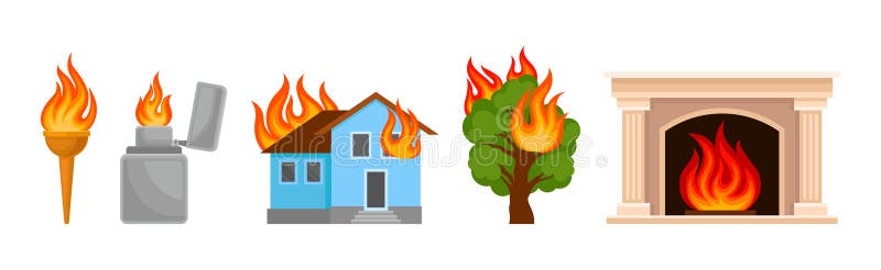 Flaming and Burning Objects with House and Tree on Fire Vector Set ...