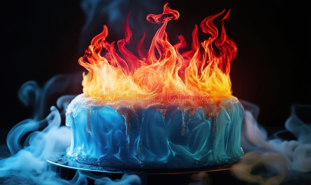 Flaming Cake with Vibrant Blue Icing and Realistic Fire Effects Stock ...