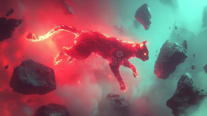 Flaming Cat Jumping through Space with Asteroids in Red and Teal Colors ...