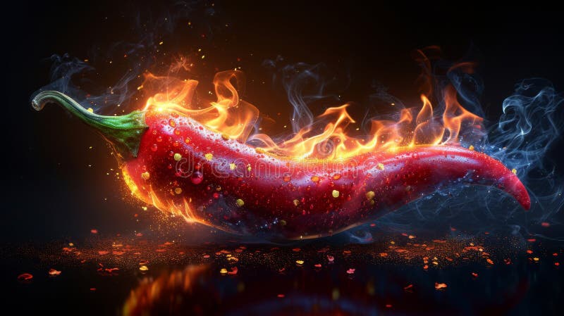 Flaming Chili Pepper with Sparks and Smoke on a Dark Background Stock ...