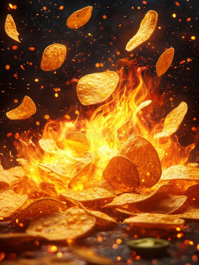 Flaming Chips Exploding in a Burst of Fiery Energy. Stock Photo - Image ...
