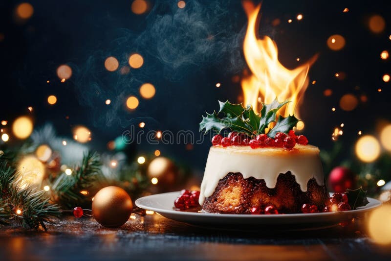 Flaming Christmas Pudding with Holly and Bokeh Lights Stock Image ...