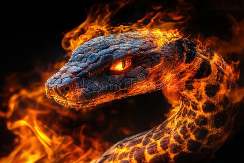 Flaming Cobra Emerging from a Fiery Black Background Stock Photo ...