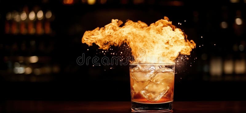 Flaming Cocktail with Fire and Sparks in a Glass at a Bar Setting, Copy ...