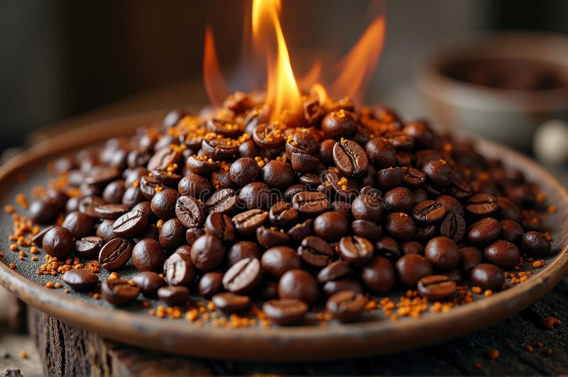 Flaming Coffee Beans on Plate with Decorative Spices and Fiery ...