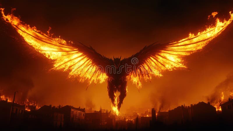 Flaming Creature with Wings Soaring Over Burning Cityscape Stock ...