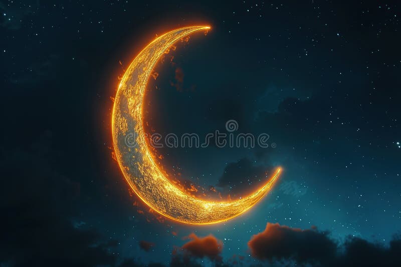 Flaming Crescent Moon in Night Sky Stock Illustration - Illustration of ...