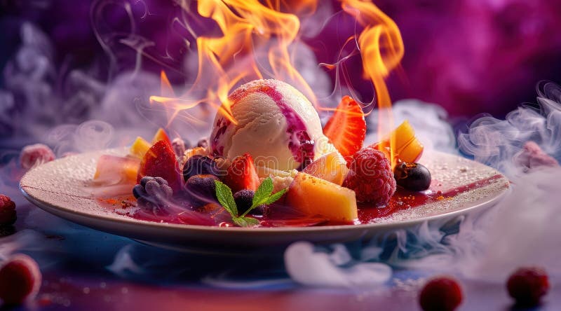 Flaming Dessert with Fruit and Ice Cream Stock Illustration ...