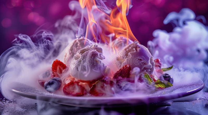 Flaming Dessert with Ice Cream and Berries Stock Illustration ...