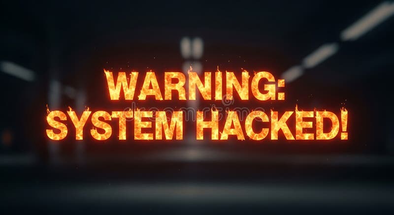 Flaming Digital Warning Text System Hacked Message on Dark Background ...