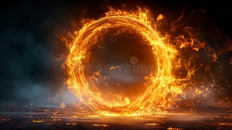 Flaming Fire Ring Frame with Smoke on Dark Background Stock Photo ...