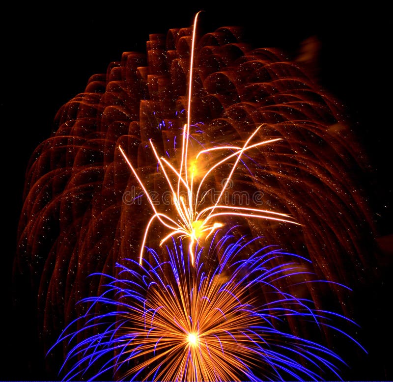 Flaming Fireworks with Blue Secondary Explosion Stock Image - Image of ...