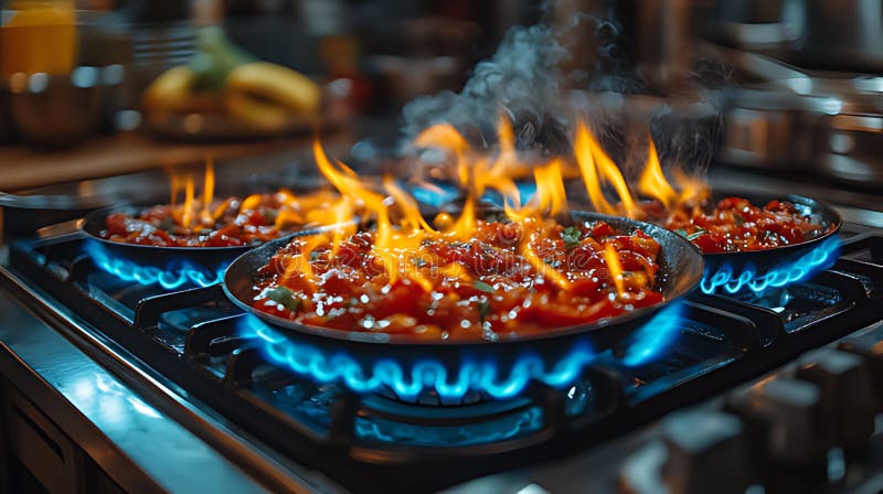 Flaming Food Cooking in Restaurant Kitchen Stock Illustration ...