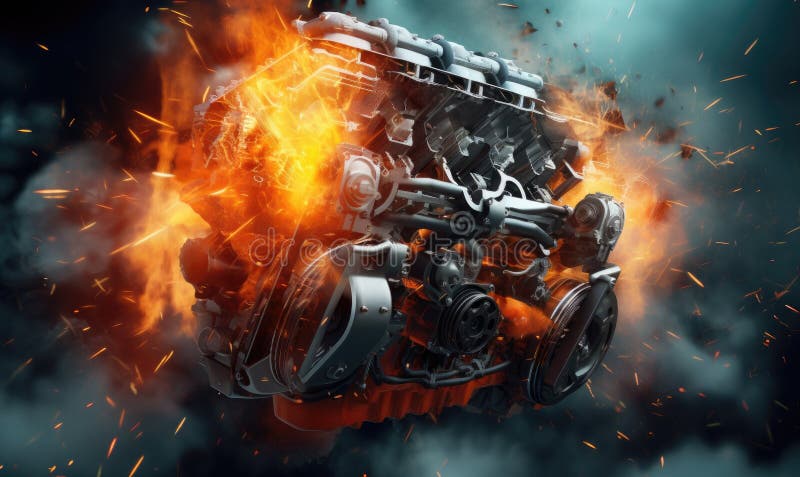 Flaming Fury: a Blazing Car Engine Ignited in Smoke and Flames Stock ...