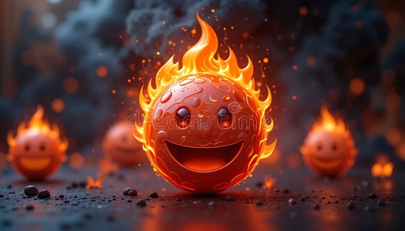 Flaming Happy Face Emoticons Glowing with Fire and Joyful Expression ...