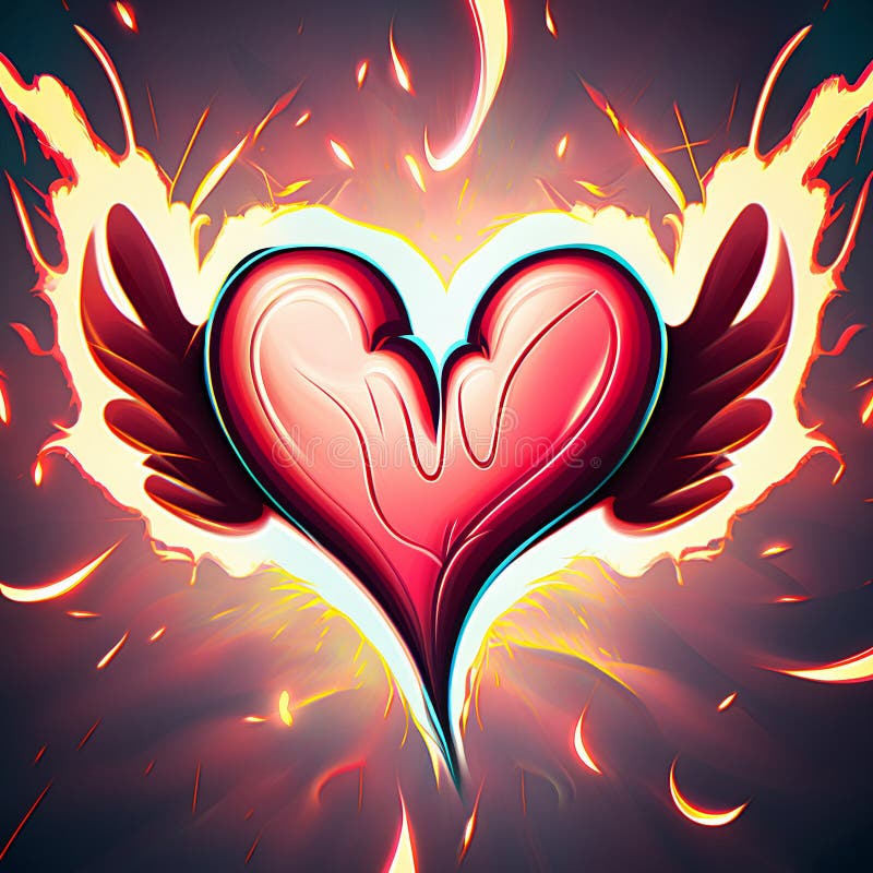 Flaming heart with wings stock illustration. Illustration of elements ...