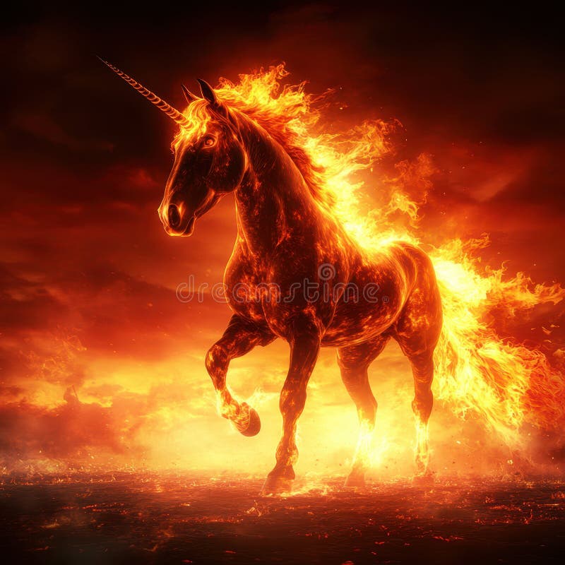 Flaming Horse with Fiery Mane and Tail, Glowing in Dark Stock ...