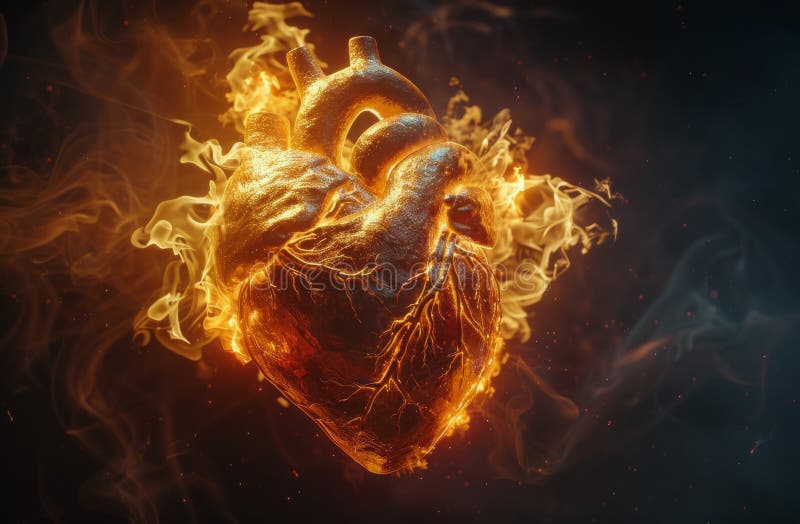Flaming Human Heart 3D Render with Detailed Anatomical Features Stock ...