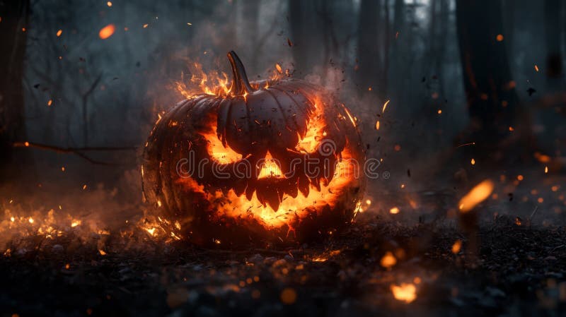 Flaming Jack-o -Lantern in a Dark Forest Stock Illustration ...