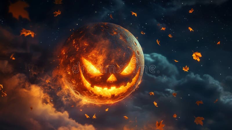 A Flaming Jack-o -Lantern Moon in a Night Sky with Falling Leaves Stock ...