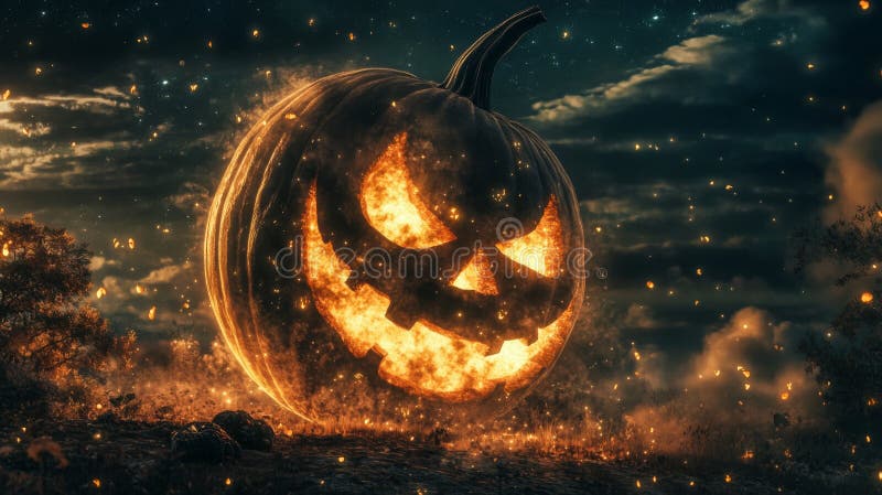 Flaming Jack-o -Lantern in a Night Sky with Stars and Smoke Stock ...