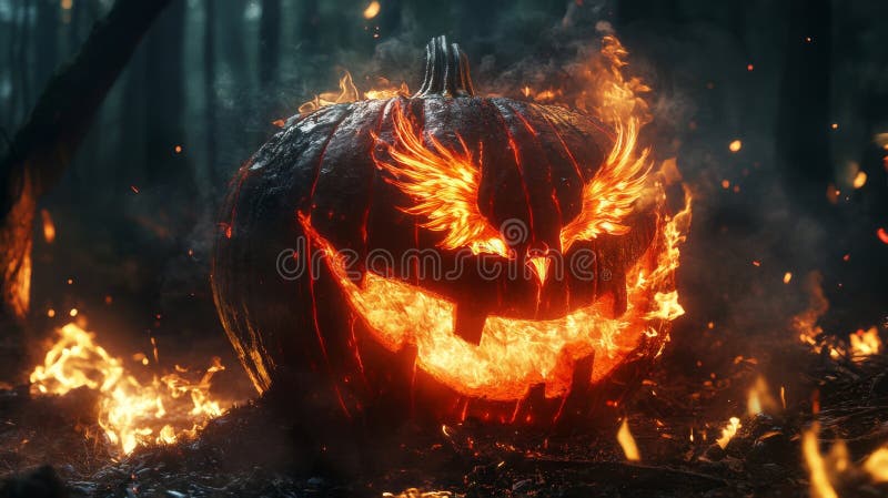 Flaming Jack-o -Lantern with Wings in a Forest Fire Stock Illustration ...