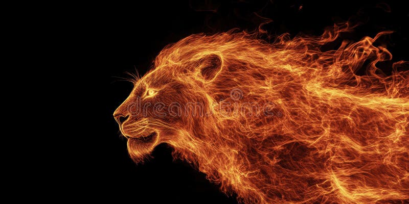 Flaming Lion Illustration with Fire Effect Art on a Black Background ...