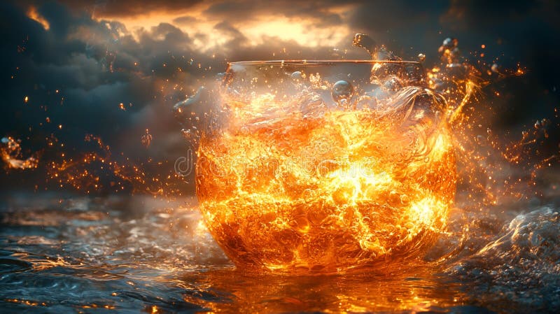 Flaming Liquid in Glass, Stormy Sea Background, Dramatic Sunset Stock ...