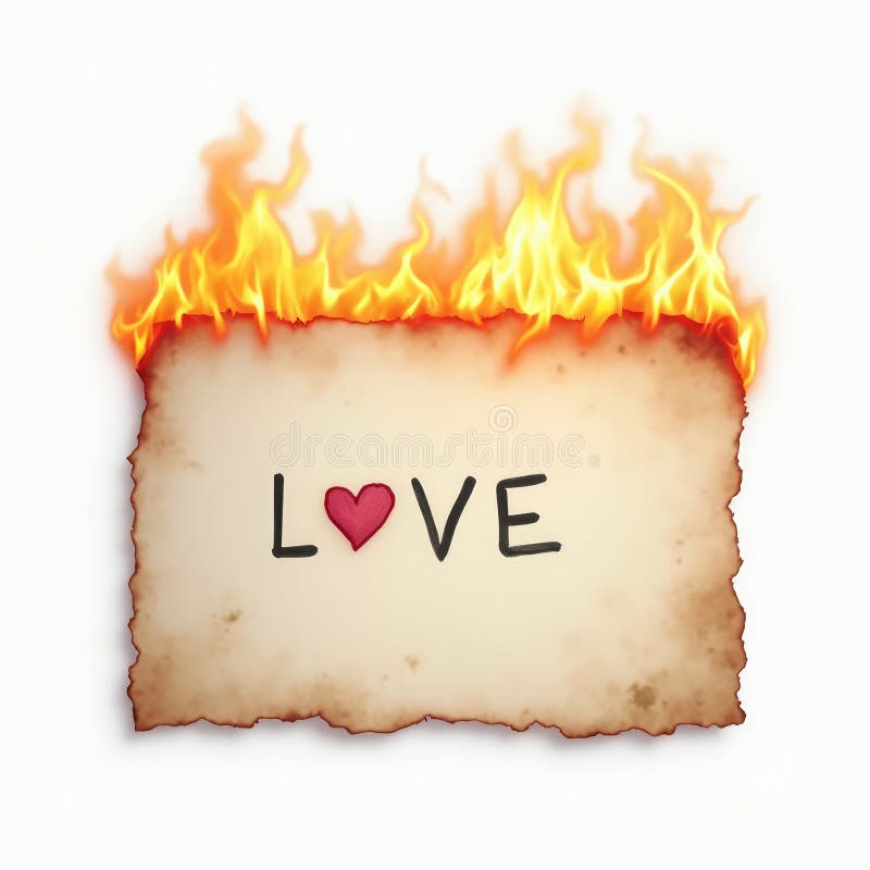 Flaming Love Letter with Burned Paper Edges on a White Background Stock ...