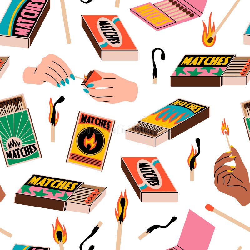 Flaming Matches Seamless Pattern. Hands Strike Spark about Boxes ...