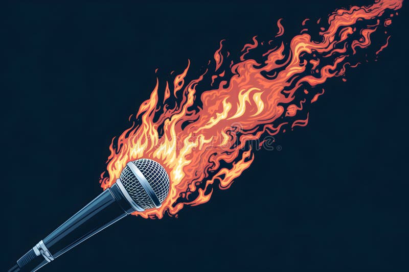 Flaming Microphone Contrasts Bright Flames Against Dark Background ...