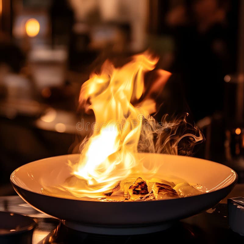 Flaming Pancake in a Plate on the Table in a Restaurant. Selective ...