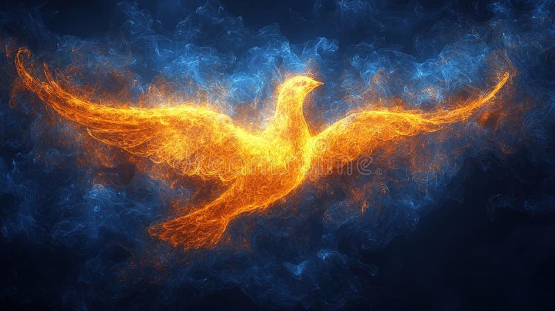 Flaming Phoenix Rising from Mystical Blue Flames in a Dramatic Artistic ...