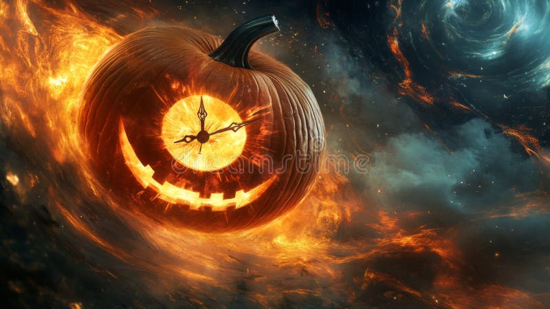 Flaming Pumpkin Clock in a Cosmic Vortex Stock Illustration ...
