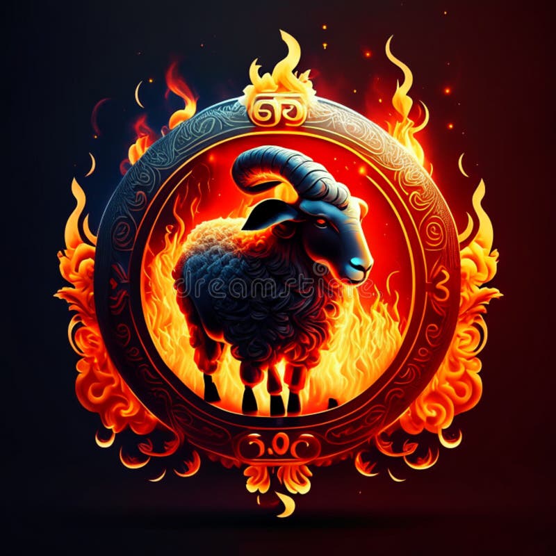 Flaming Ram in a Circle of Fire on a Black Background Generative AI ...