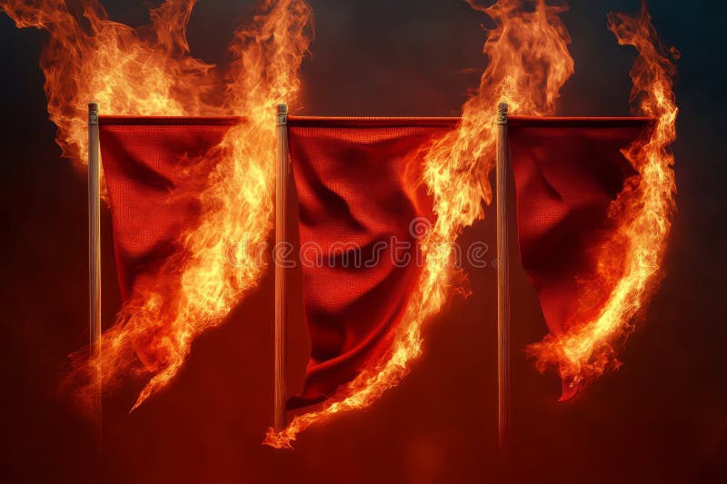 Flaming Red Flags Waving in Air, Symbolizing Warning and Danger Stock ...