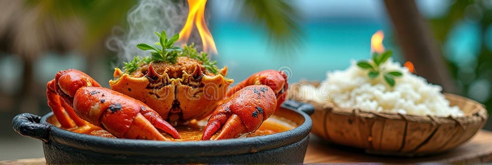 Flaming Seafood Dish with Steamed Rice and Ocean View Stock Photo ...